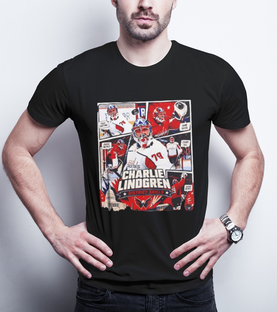 Charlie Lindgren Capitals District Shield Comic Style Hockey Action T-Shirt