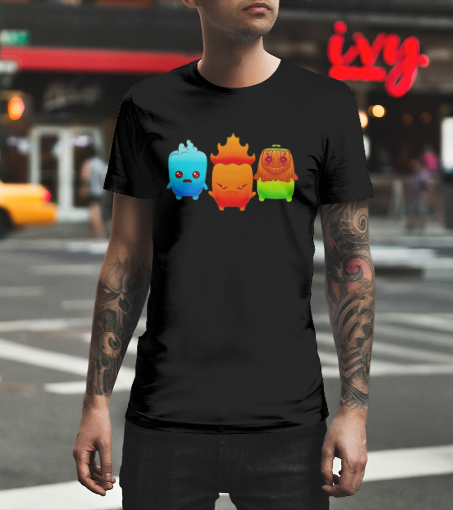 Water Fire And Earth Elemental Creatures Fireboy And Watergirl Cute Characters T-Shirt