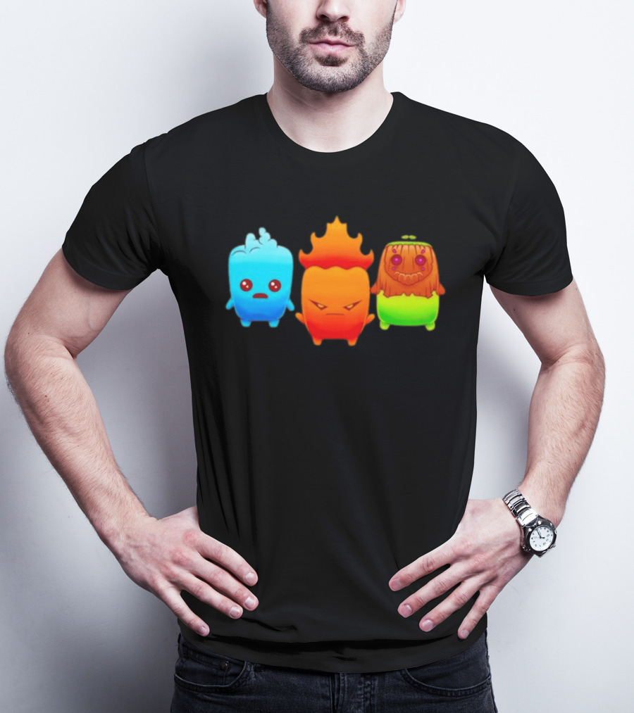 Water Fire And Earth Elemental Creatures Fireboy And Watergirl Cute Characters T-Shirt