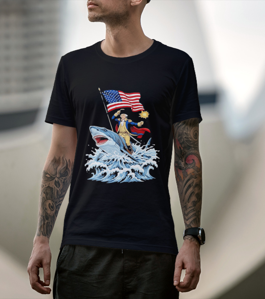 Shark Riding George Washington With American Flag Patriotic 4th Of July T-Shirt