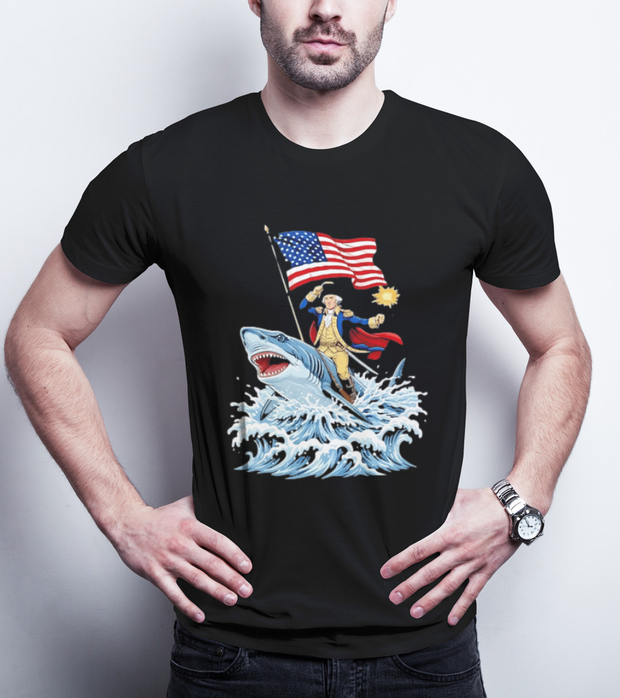 Shark Riding George Washington With American Flag Patriotic 4th Of July T-Shirt