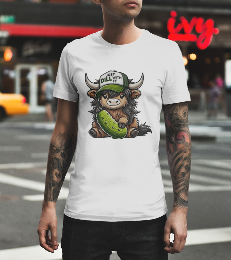 Highland Cow Just Dill With It Pickle Hat T-Shirt