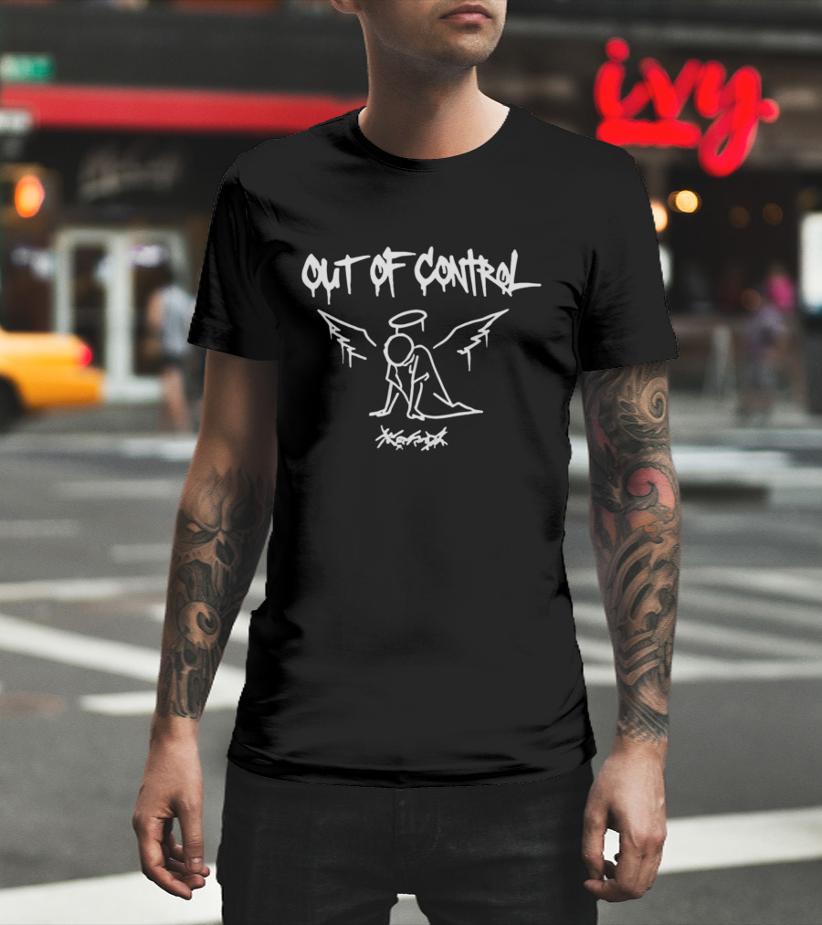 Out Of Control Angel Cowering Scribble White Outline Halo Wings T-Shirt