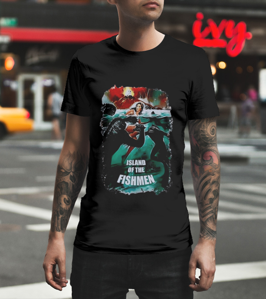 Island Of The Fishmen Vintage Movie Scene With Sea Monsters And Volcano T-Shirt