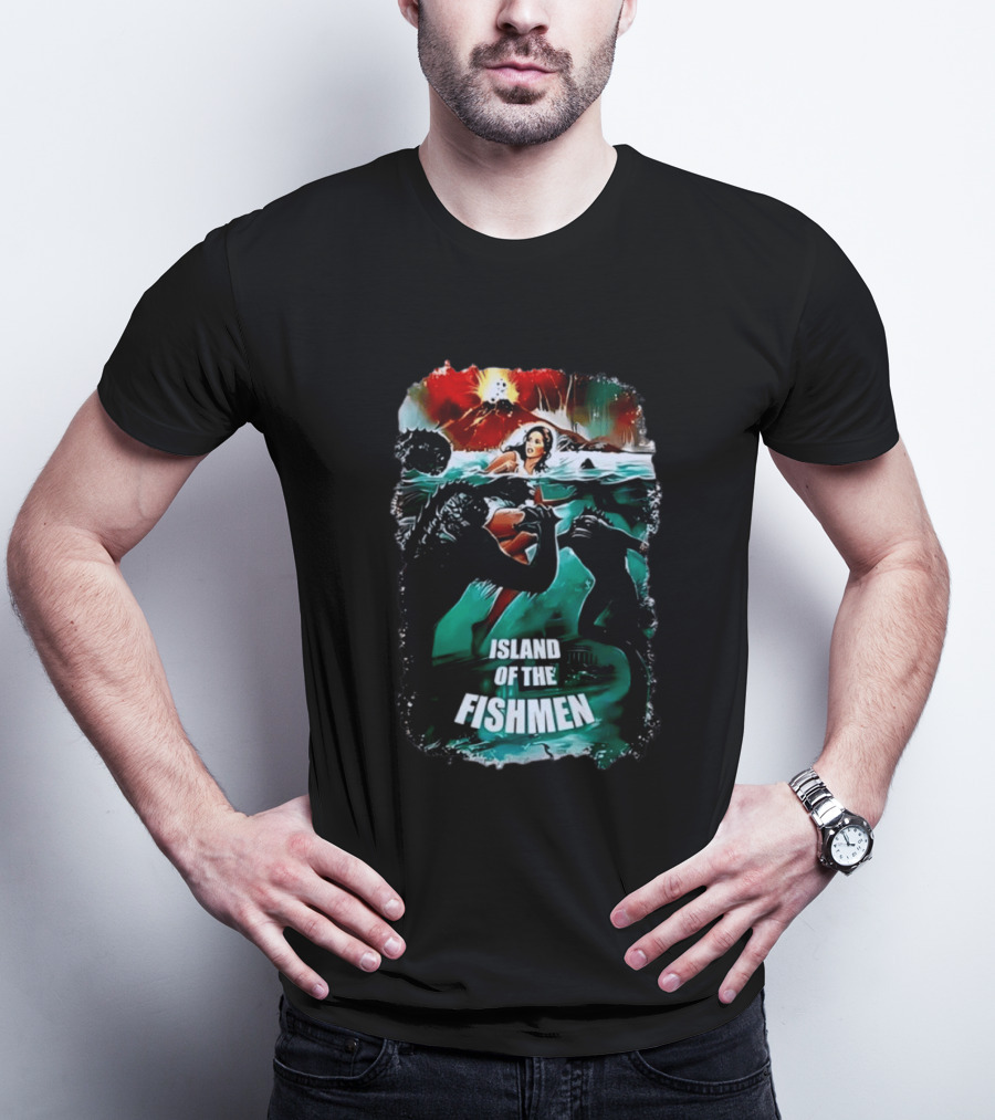 Island Of The Fishmen Vintage Movie Scene With Sea Monsters And Volcano T-Shirt