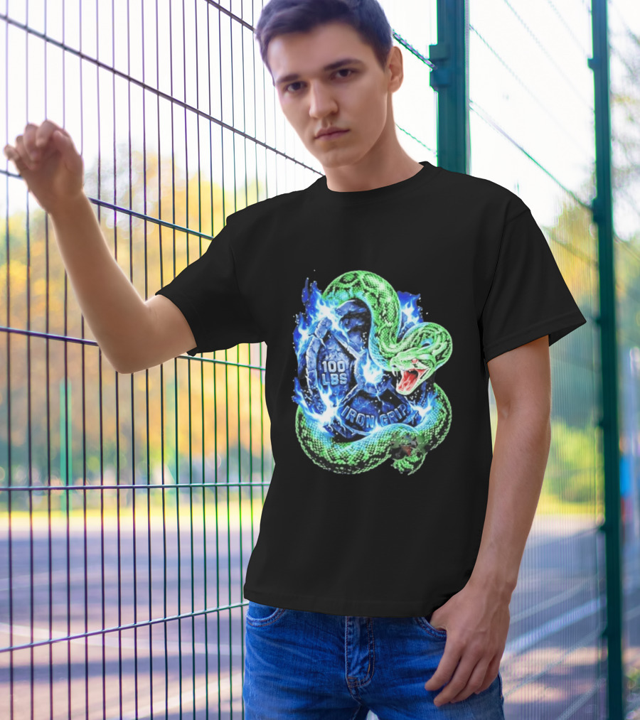 100 Lbs Iron Grip Snake With Lightning And Dumbbell T-Shirt