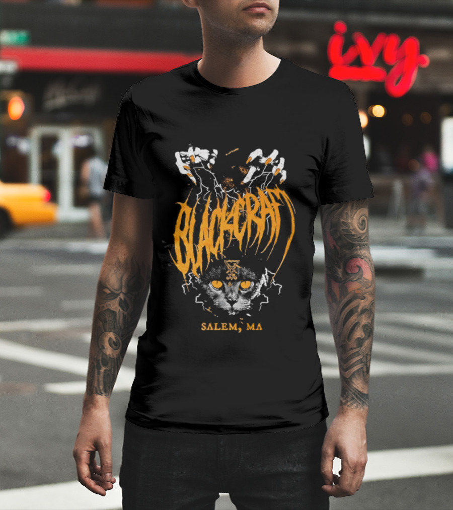 Blackcraft Salem MA Cat Occult Theme With Leviathan Cross T-Shirt