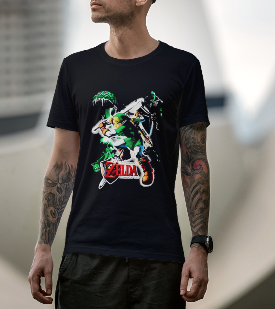 Legend Of Zelda Ocarina Of Time Link Fighting Enemies T-Shirt