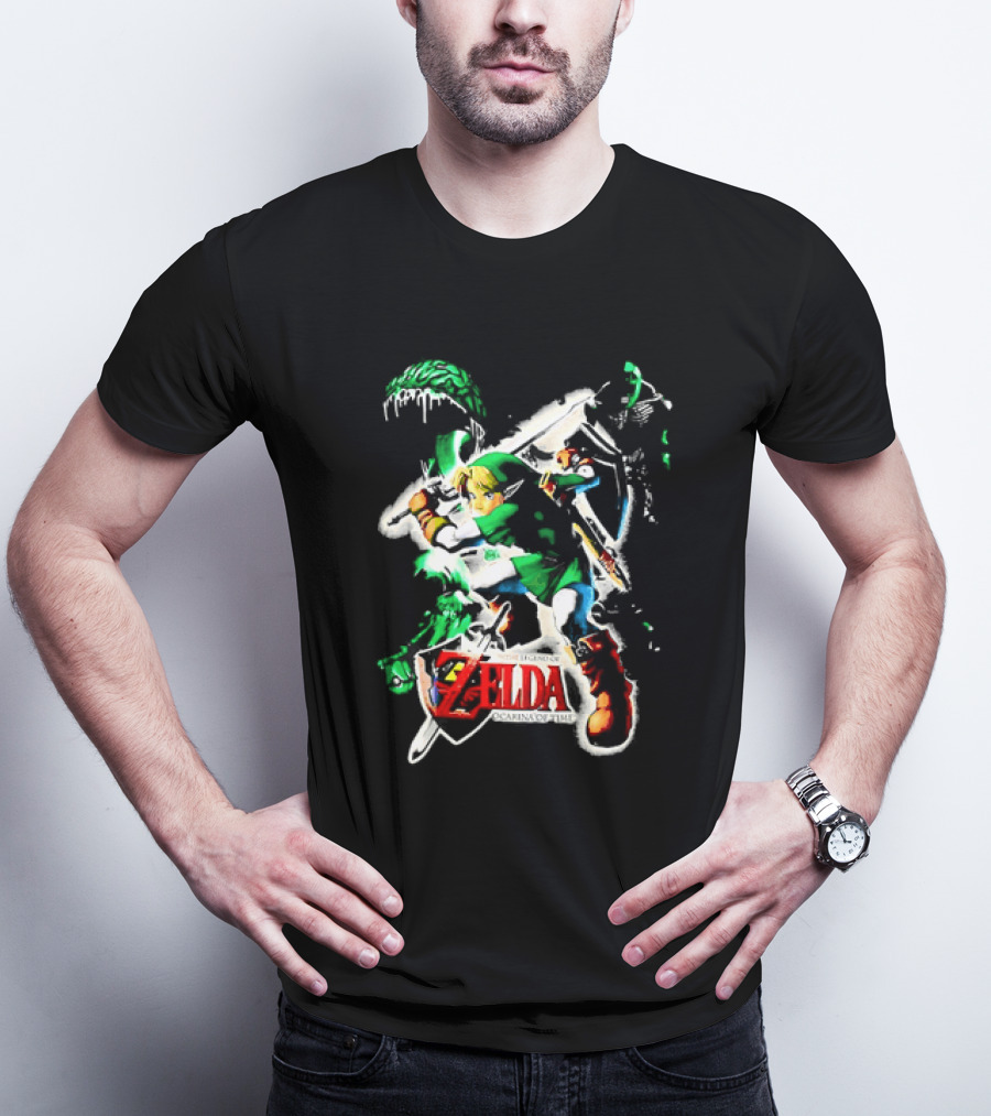 Legend Of Zelda Ocarina Of Time Link Fighting Enemies T-Shirt
