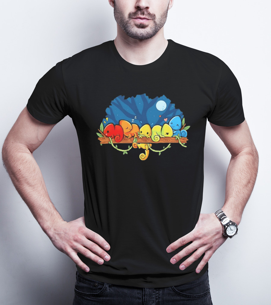 Colorful Chameleons Sitting On A Tree Branch Under Night Sky With Moon And Hearts T-Shirt