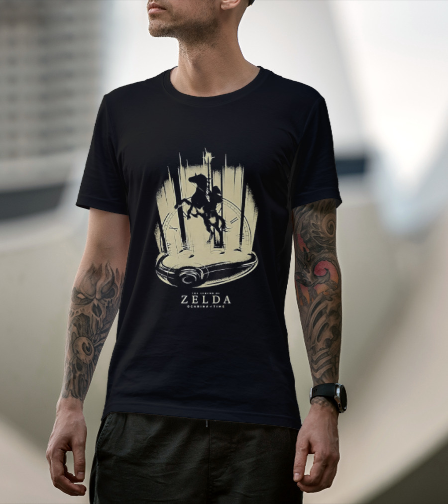Link Riding Epona Castle Background Zelda Ocarina Of Time T-Shirt