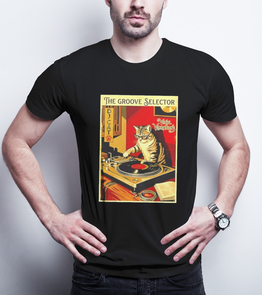 The Groove Selector DJ Cat Vinyl Vibrations Turntable Music Lover T-Shirt
