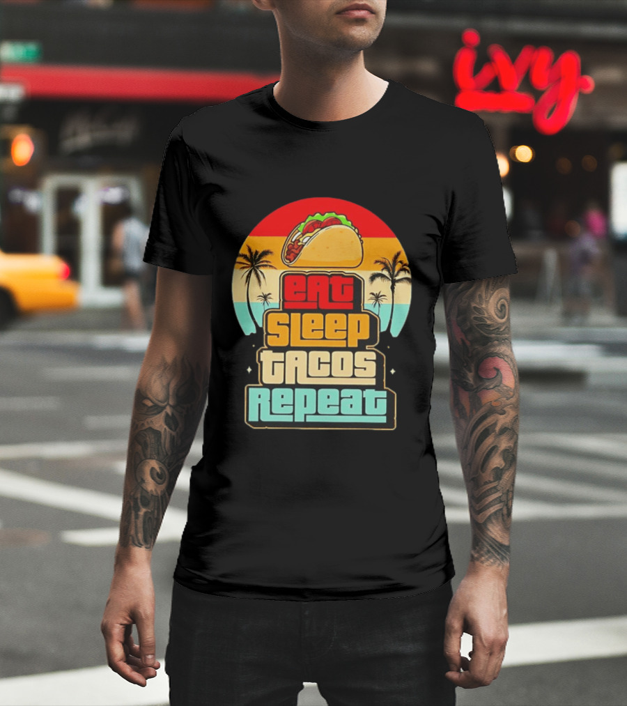 Eat Sleep Tacos Repeat Gaming Retro Sunset Palm Trees T-Shirt