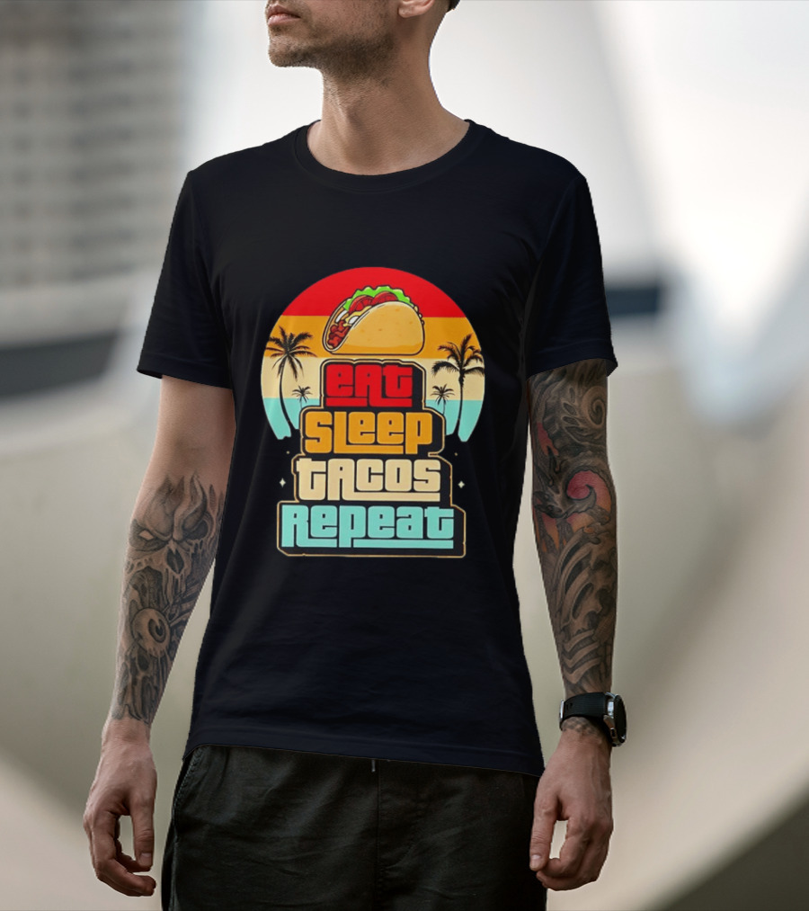 Eat Sleep Tacos Repeat Gaming Retro Sunset Palm Trees T-Shirt