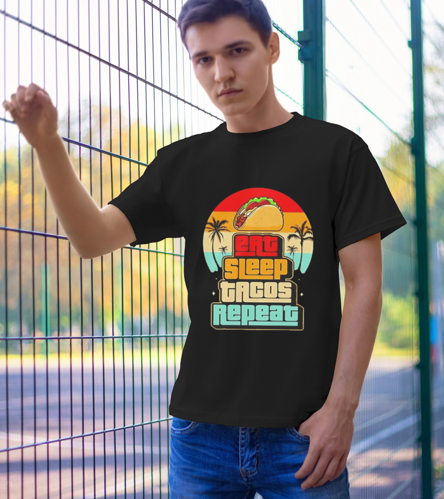 Eat Sleep Tacos Repeat Gaming Retro Sunset Palm Trees T-Shirt