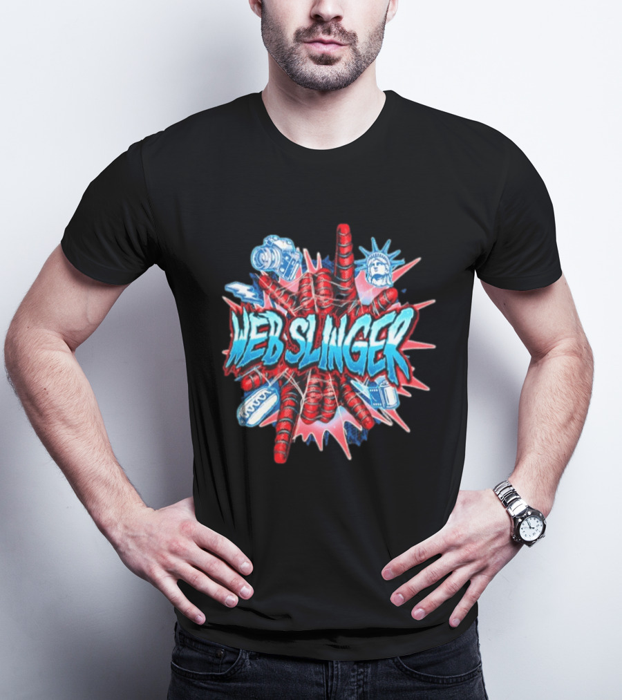 Web Slinger Camera Statue Of Liberty Sneakers Film Hot Dog T-Shirt