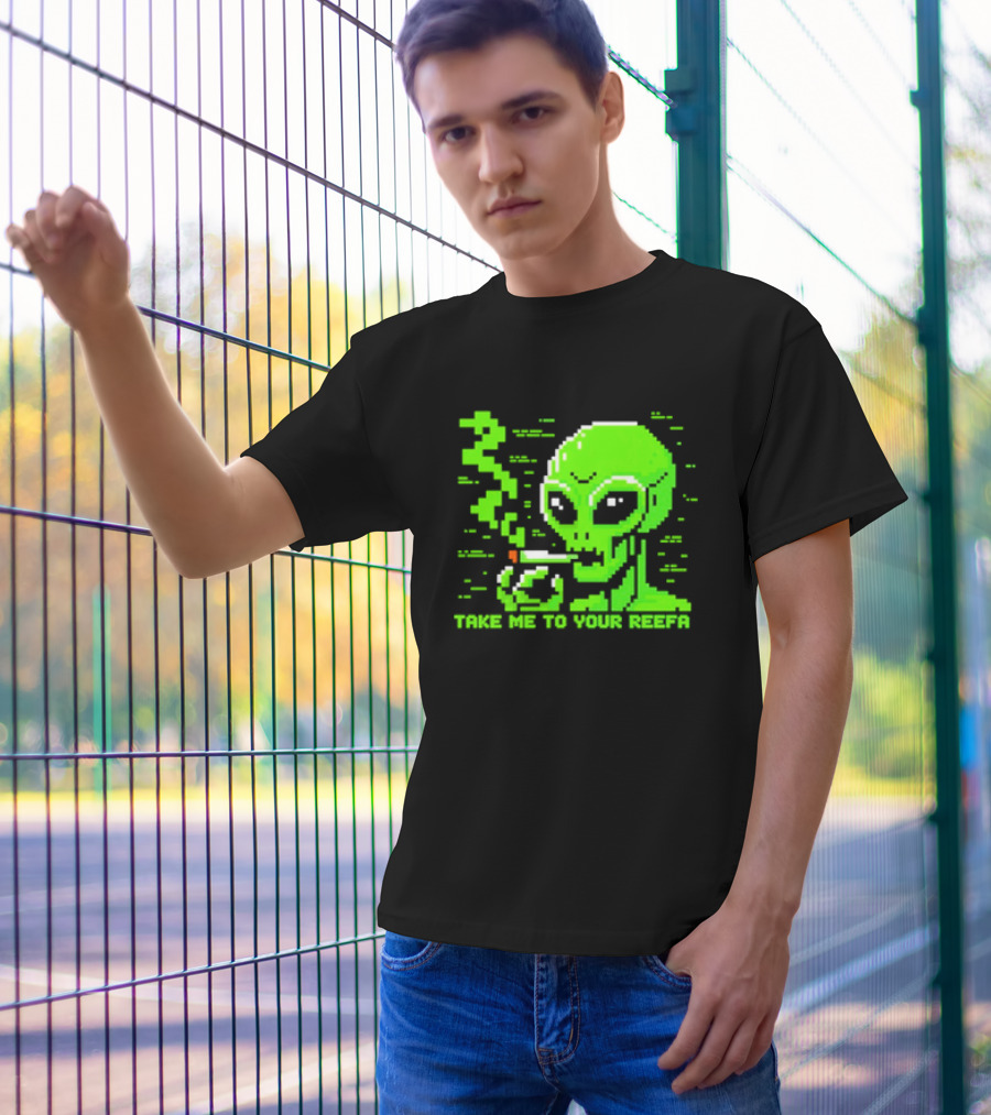 Take Me To Your Reefa Alien Smoking Pixel Art Green Extraterrestrial T-Shirt
