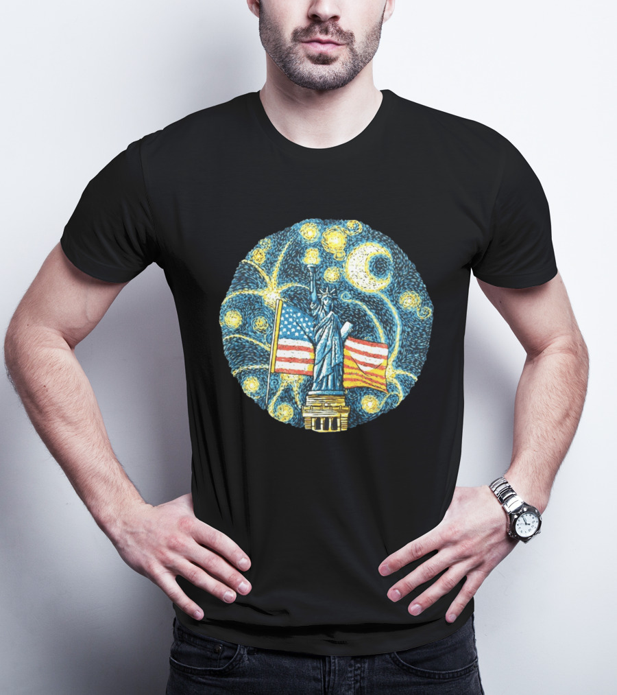 Statue Of Liberty USA Flag Firework Starry Night T-Shirt