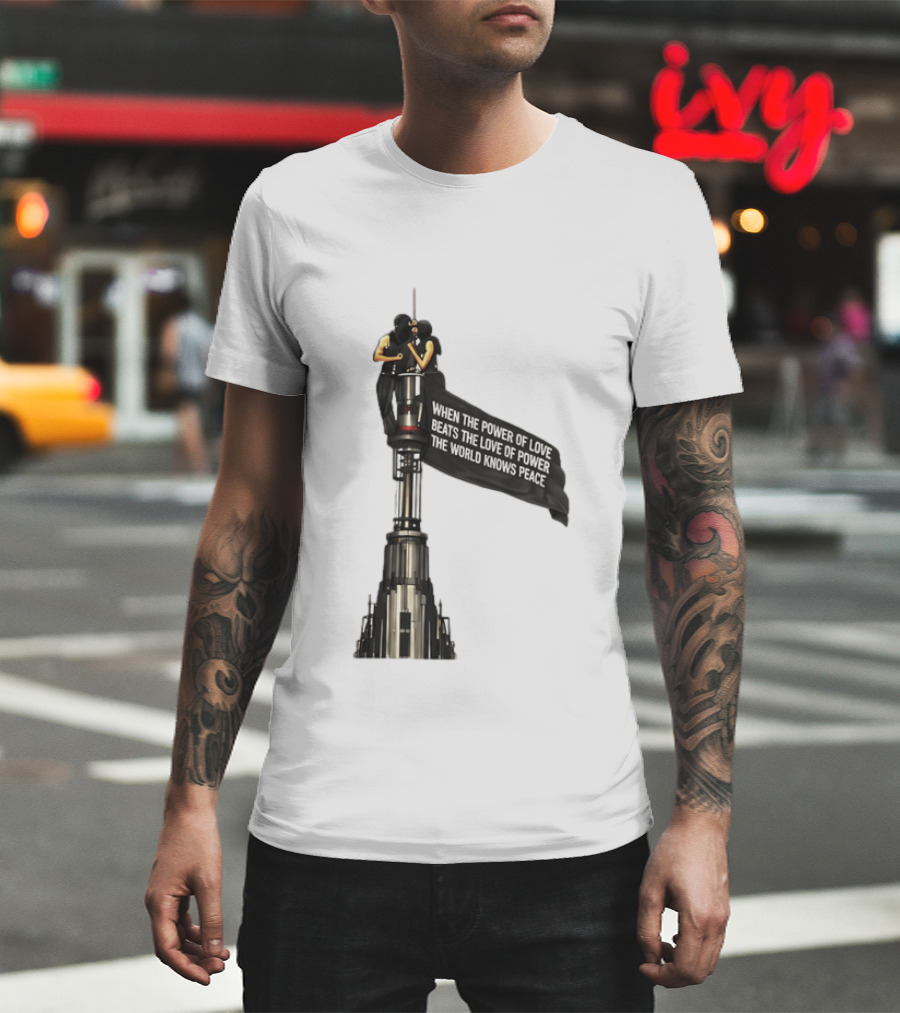 Angela Nikolau And Ivan Beerkus Love And Peace Flag On Empire State Building T-Shirt