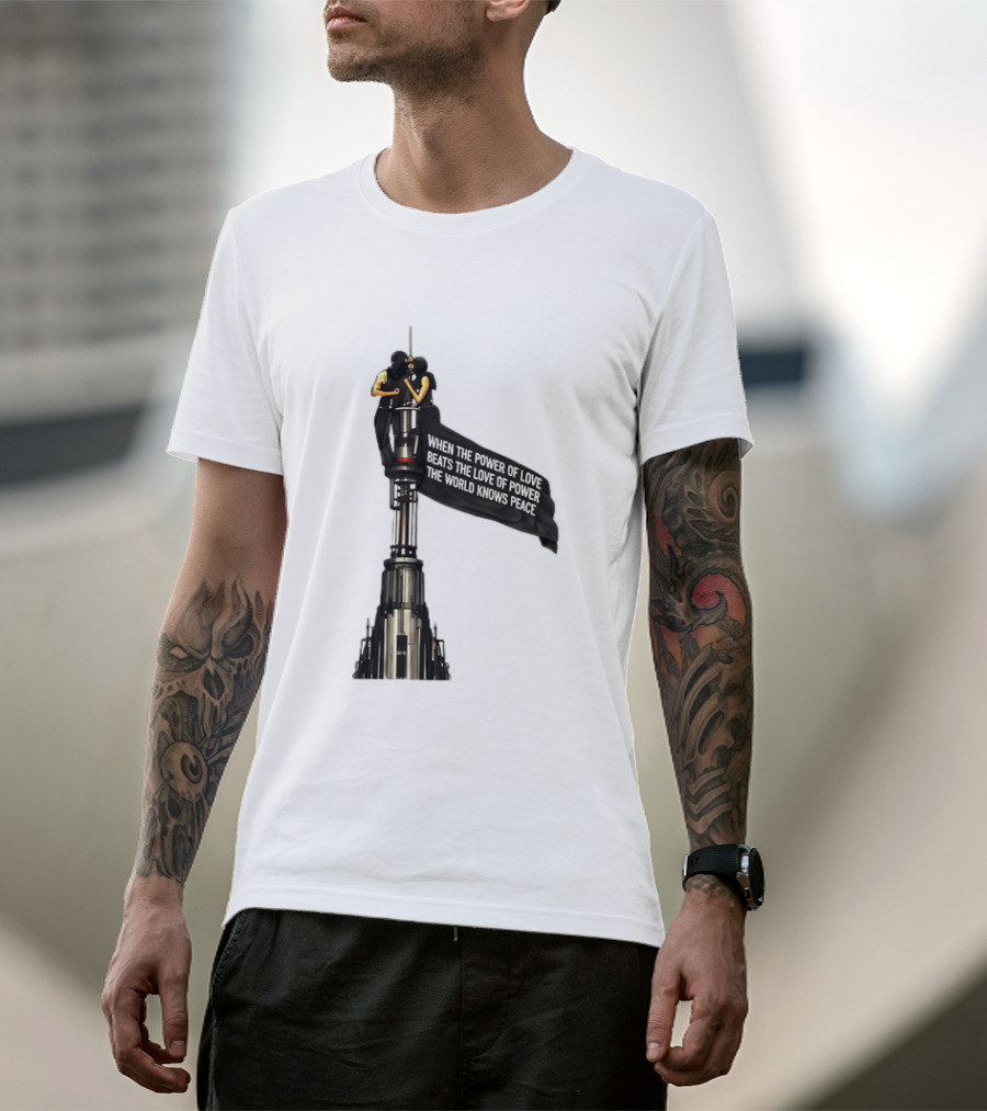 Angela Nikolau And Ivan Beerkus Love And Peace Flag On Empire State Building T-Shirt
