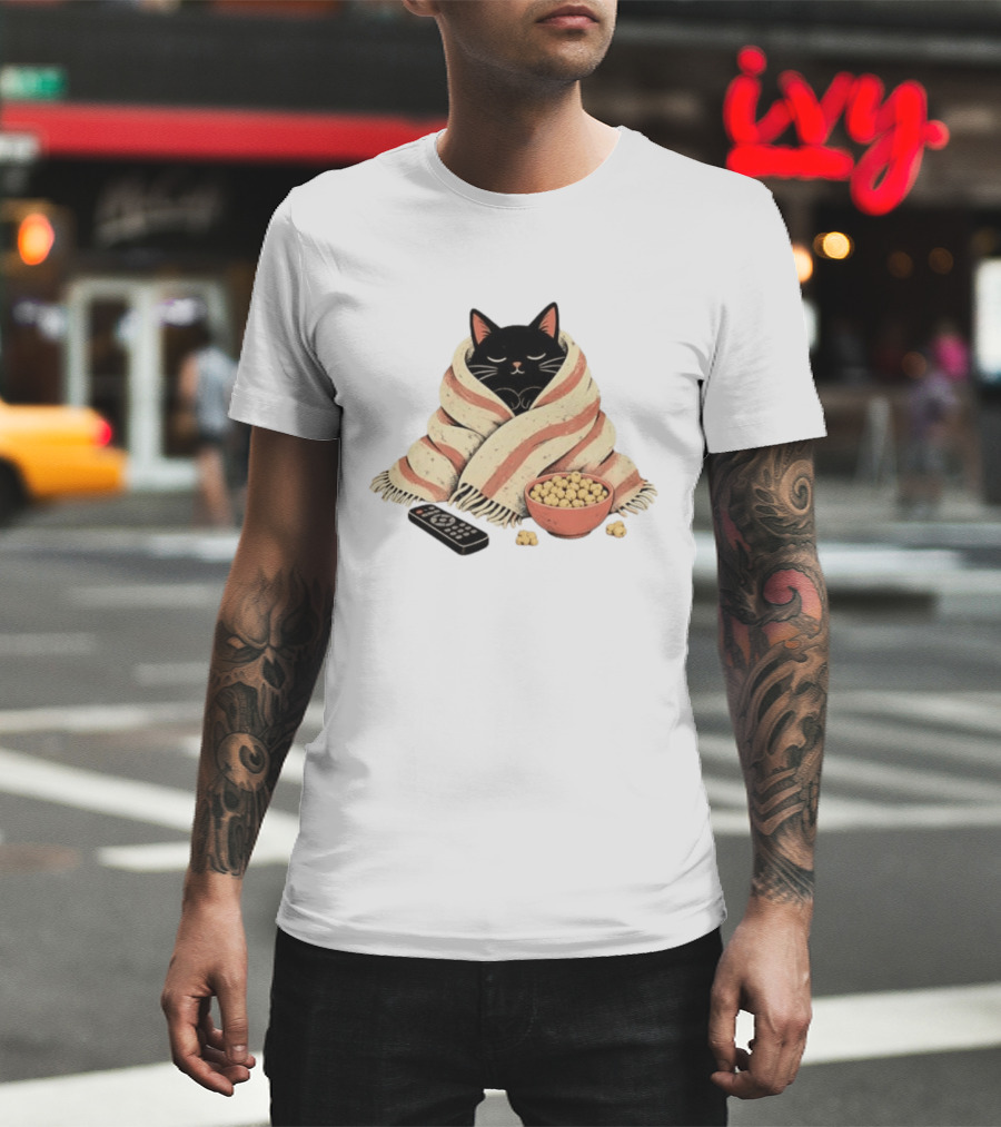 Cozy Black Cat Wrapped In Blanket With Popcorn And Remote T-Shirt