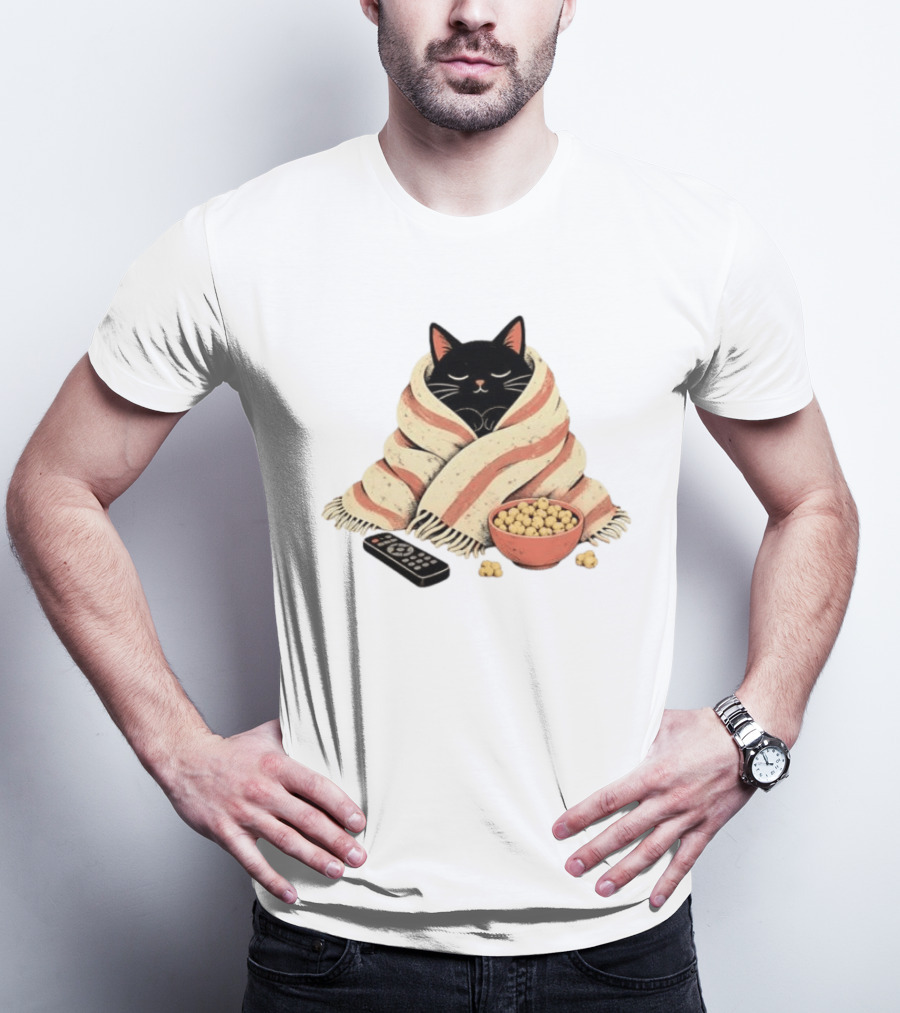 Cozy Black Cat Wrapped In Blanket With Popcorn And Remote T-Shirt