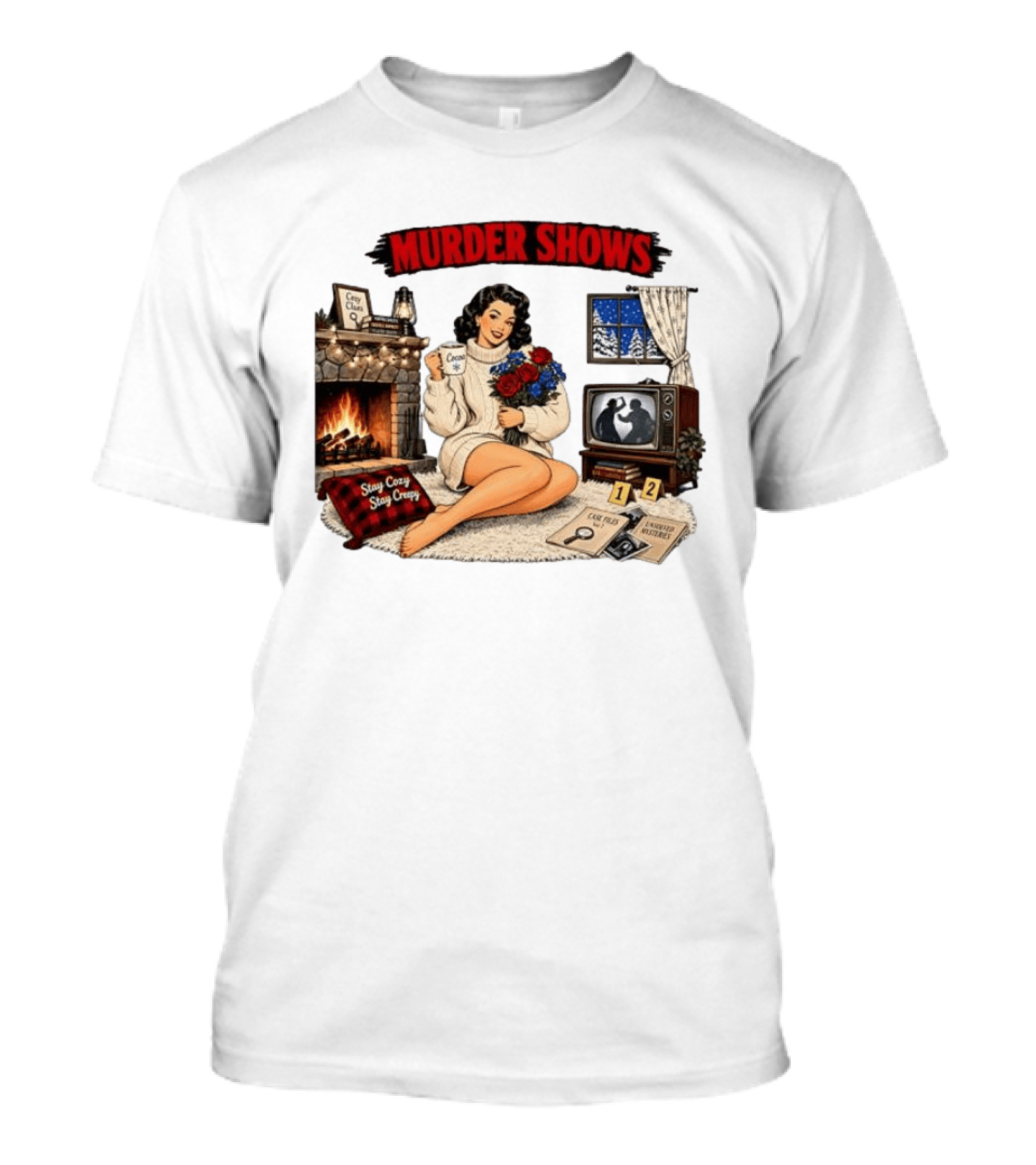 Murder Shows Cozy Creepy Mystery Scene With Fire, Roses, And Vintage TV T-Shirt