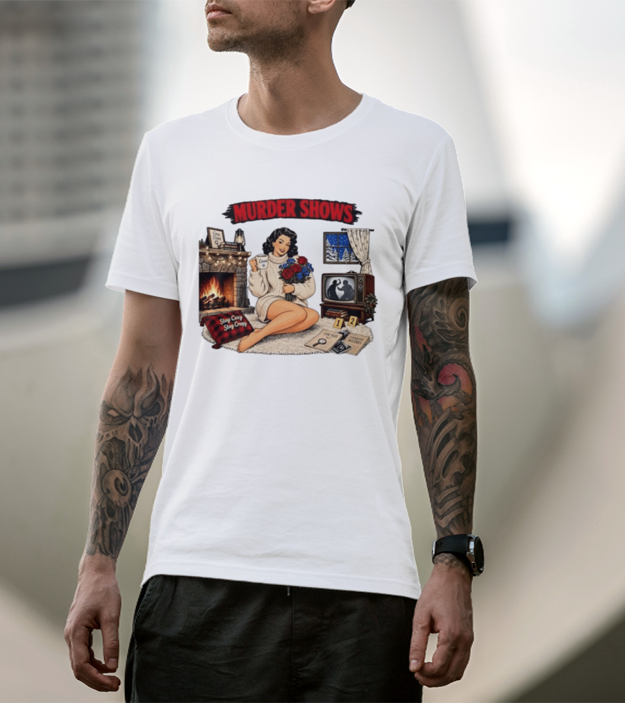 Murder Shows Cozy Creepy Mystery Scene With Fire, Roses, And Vintage TV T-Shirt
