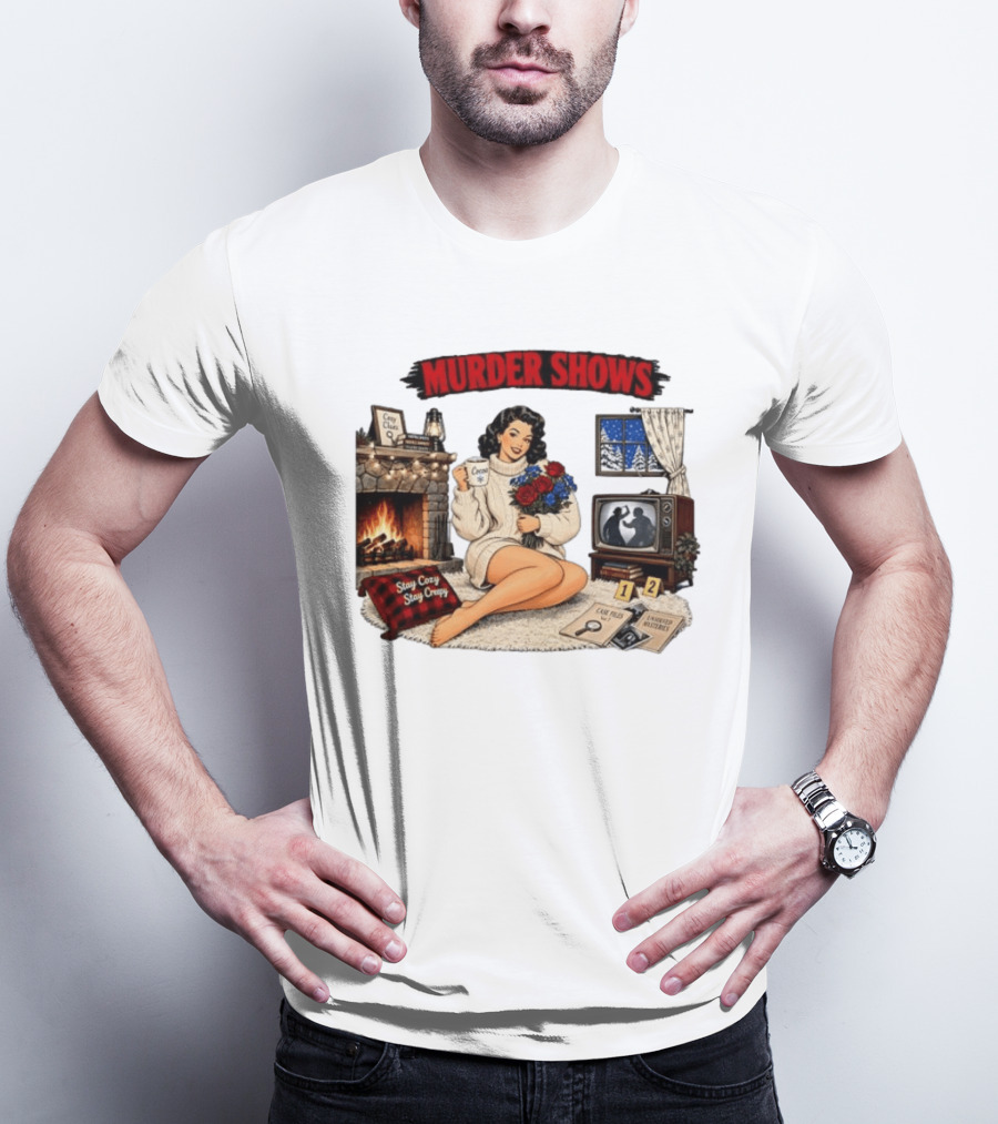 Murder Shows Cozy Creepy Mystery Scene With Fire, Roses, And Vintage TV T-Shirt
