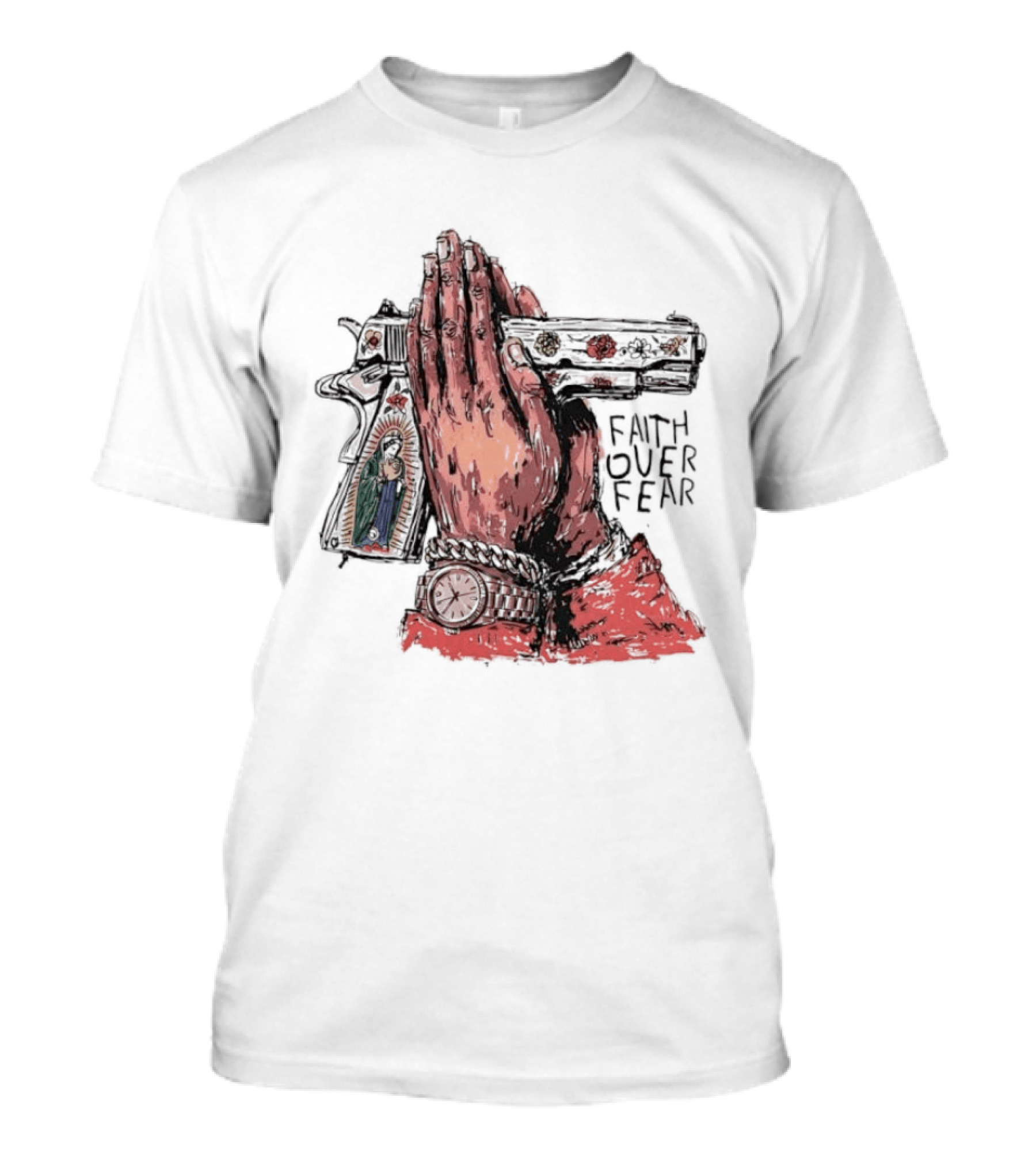 Our Lady Of Guadalupe Praying Hands Gun Faith Over Fear T-Shirt