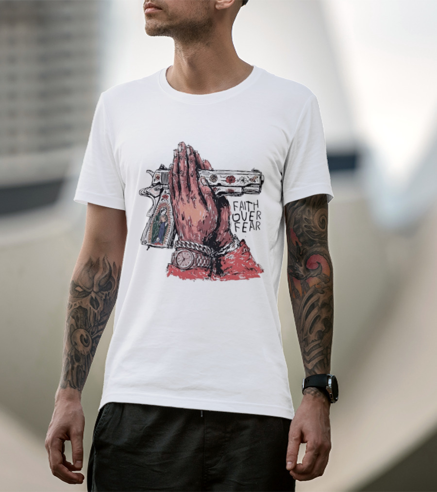 Our Lady Of Guadalupe Praying Hands Gun Faith Over Fear T-Shirt