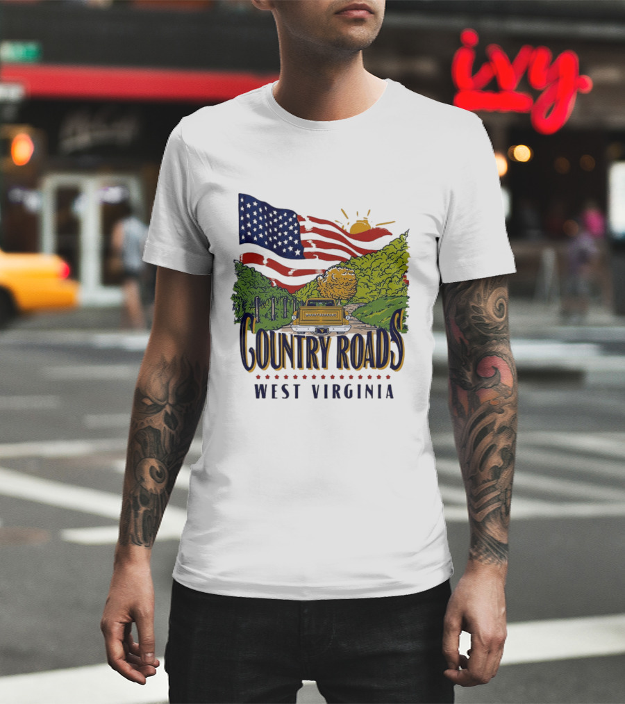 Country Roads West Virginia American USA Flag Vintage Truck Scenic Route T-Shirt