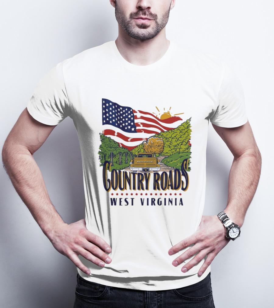 Country Roads West Virginia American USA Flag Vintage Truck Scenic Route T-Shirt