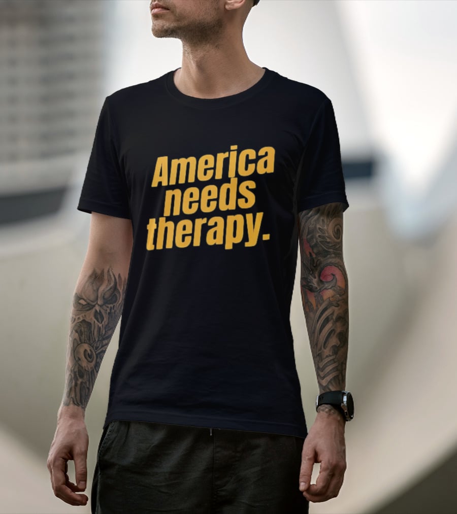 America Needs Therapy Brown Bold Yellow T-Shirt