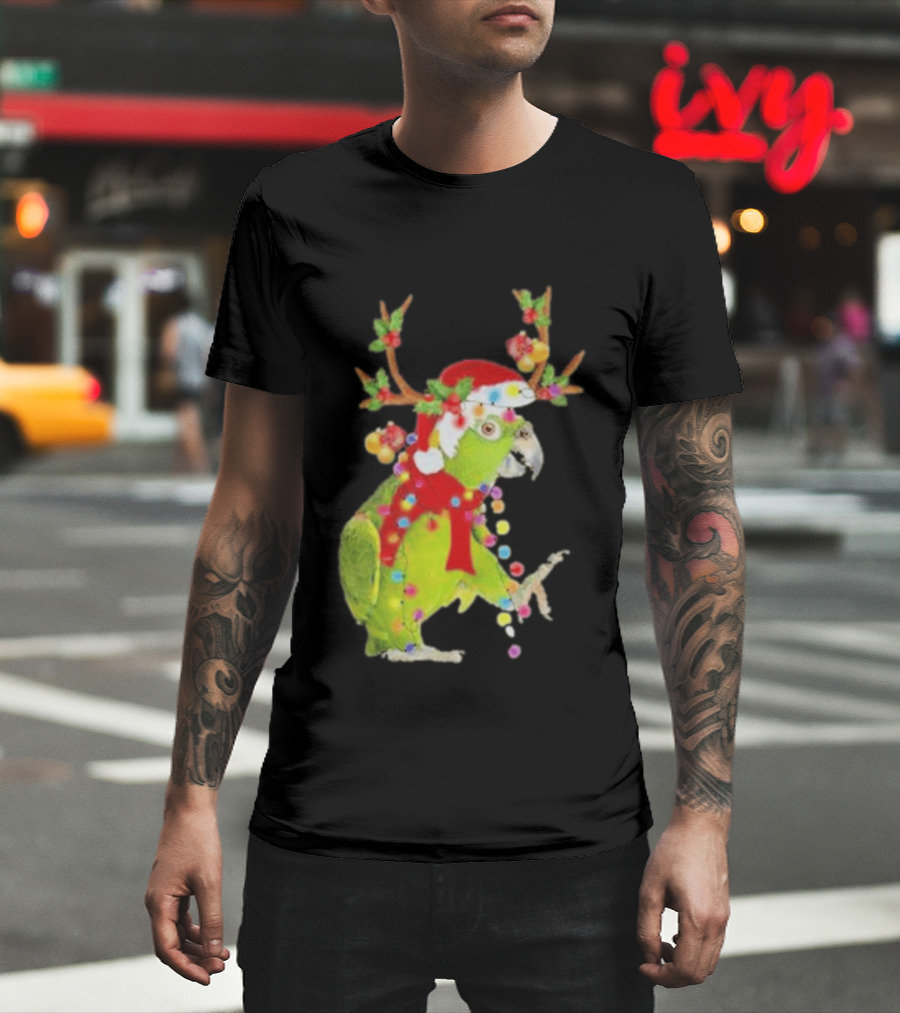 Festive Parrot Wearing Santa Hat And Reindeer Antlers T-Shirt