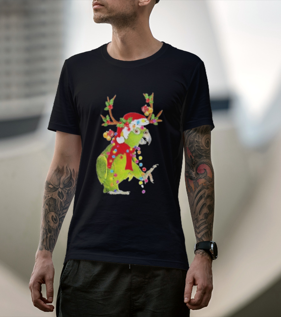 Festive Parrot Wearing Santa Hat And Reindeer Antlers T-Shirt