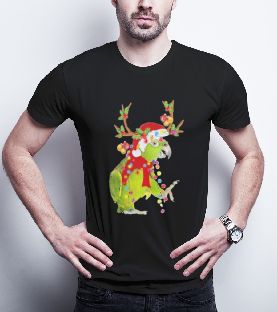 Festive Parrot Wearing Santa Hat And Reindeer Antlers T-Shirt