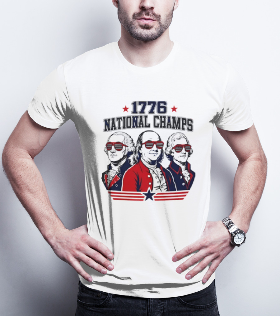 1776 National Champs Founding Fathers Red White Blue Sunglasses Stars T-Shirt