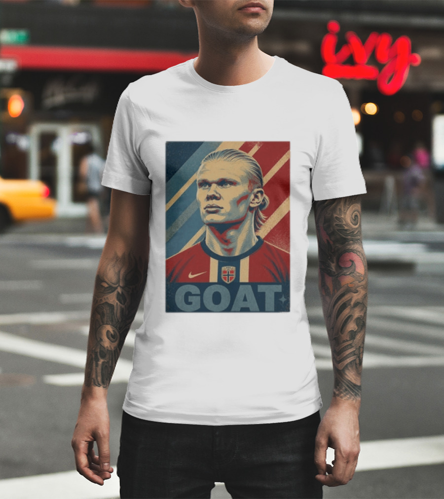 Erling Haaland G.O.A.T Norway Soccer Legend Iconic Red Blue Stripes T-Shirt
