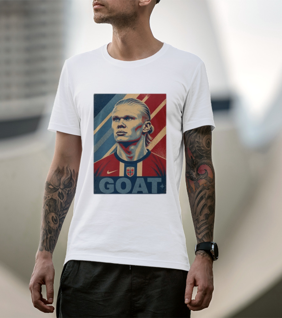 Erling Haaland G.O.A.T Norway Soccer Legend Iconic Red Blue Stripes T-Shirt
