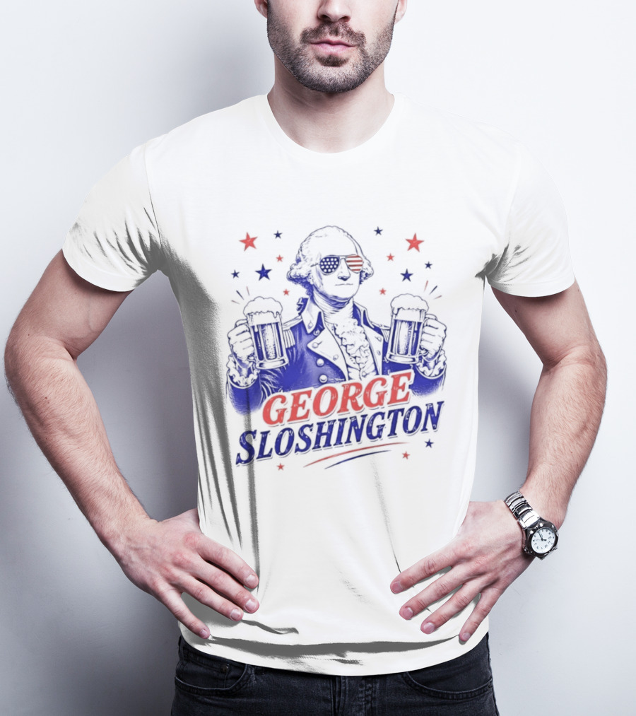 GEORGE SLOSHINGTON Party Patriot Drinking Beer Red White Blue Stars T-Shirt