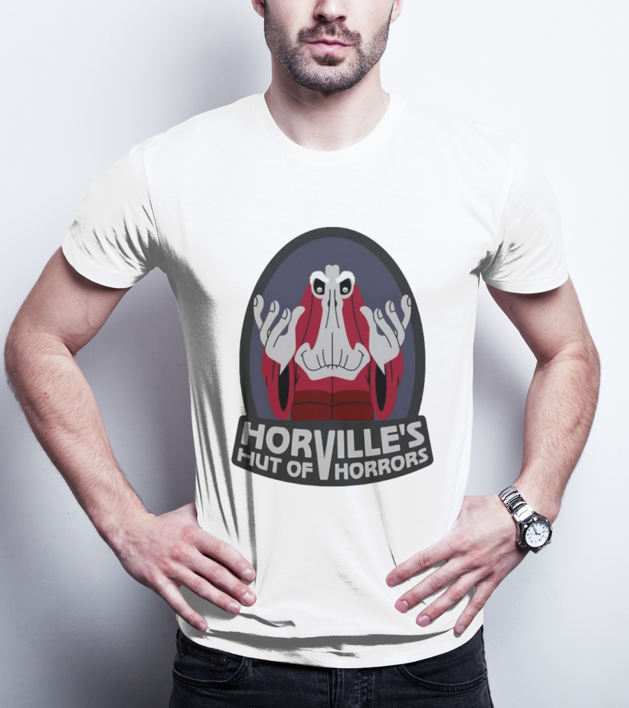 Horville's Hut Of Horrors Angry Red Clad Monster With Creepy Hands T-Shirt