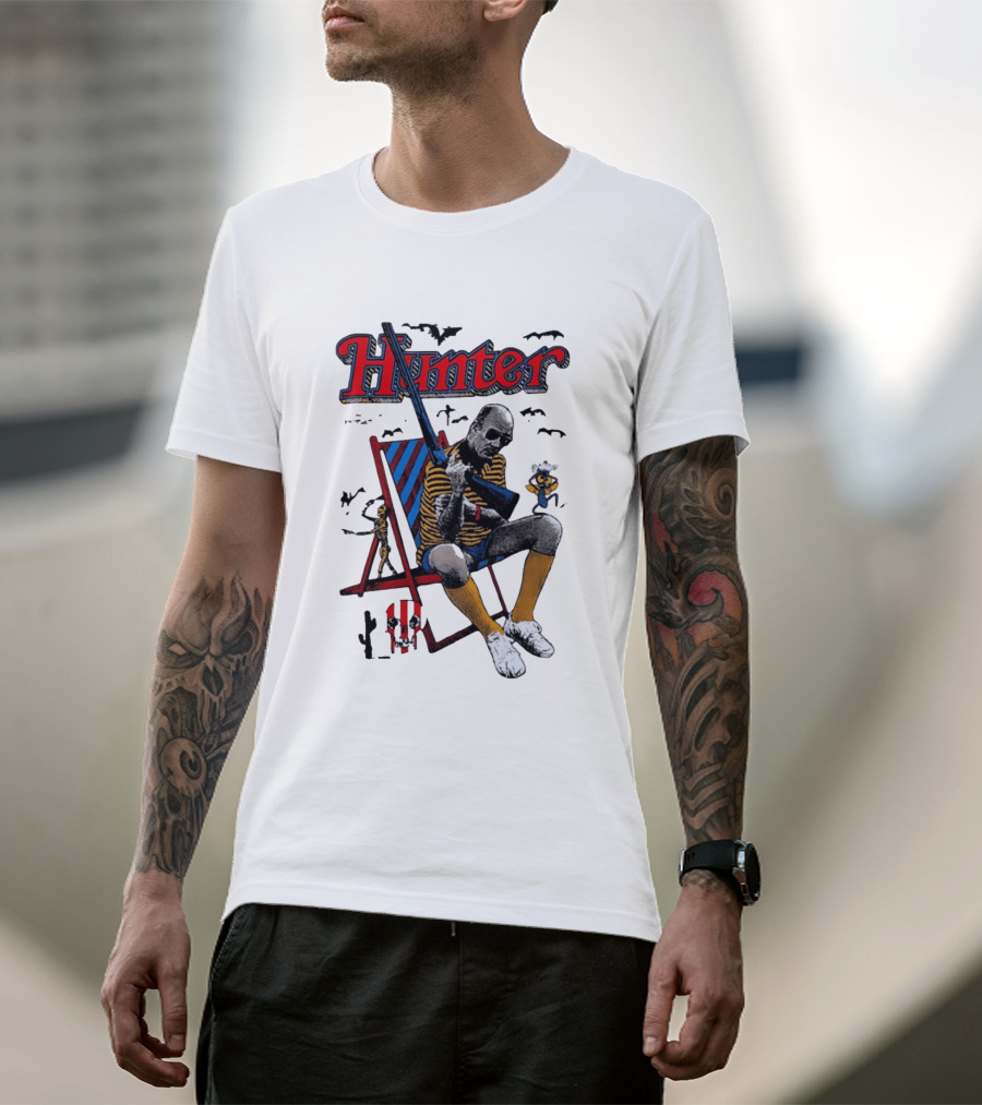 Hunter July 18 1937 February 20 2005 Man Holding Rifle Striped Chair Yellow Socks T-Shirt