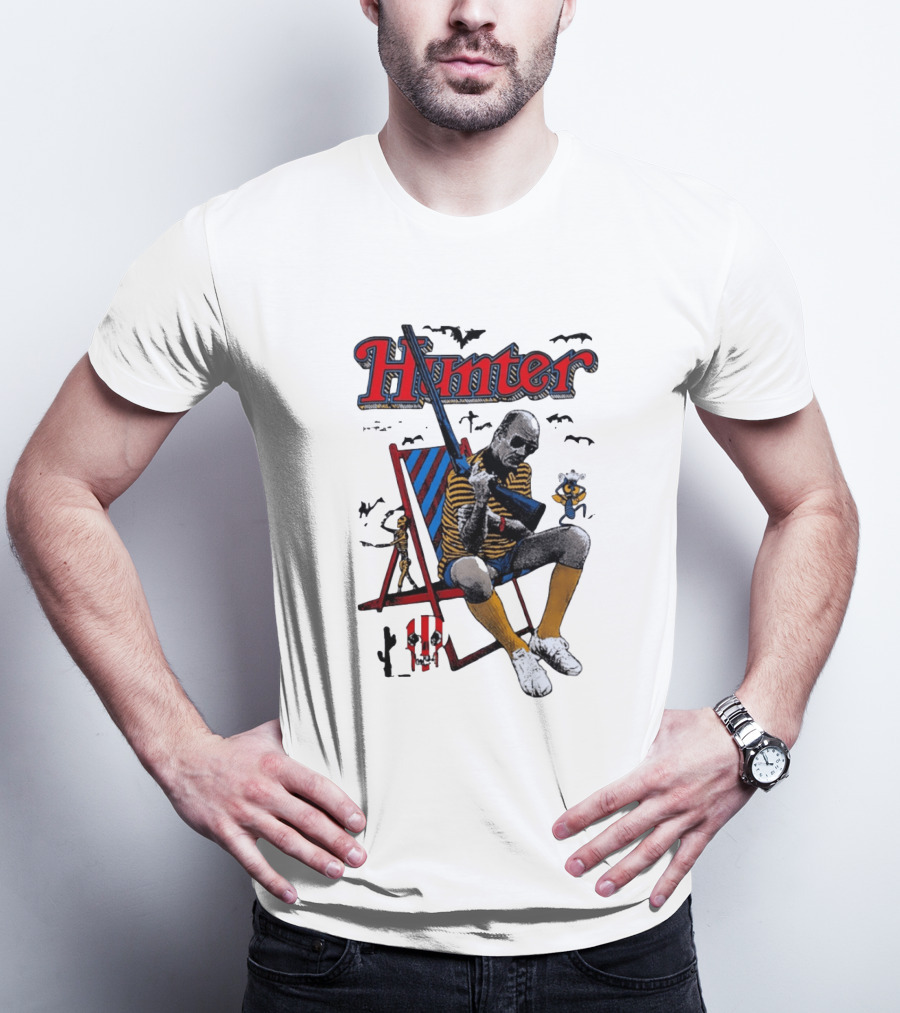 Hunter July 18 1937 February 20 2005 Man Holding Rifle Striped Chair Yellow Socks T-Shirt