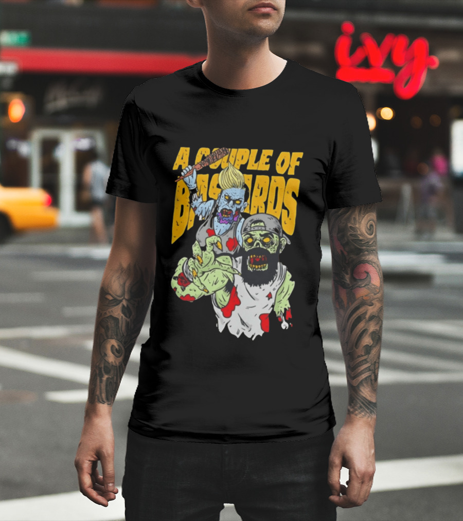 A Couple Of Bastards Zombie Cartoon With Baseball Bat And Beard T-Shirt
