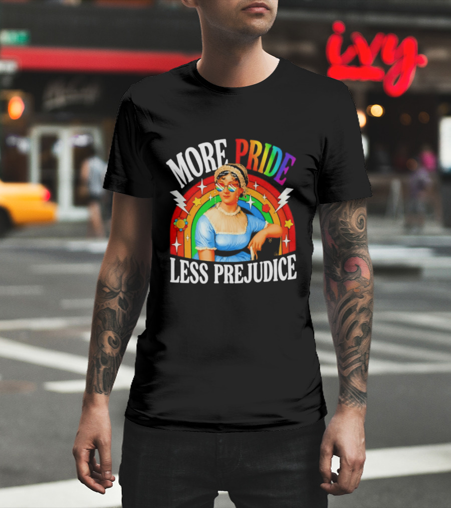 More Pride Less Prejudice LGBTQ Rainbow Heart Jane Austen Pride Month T-Shirt