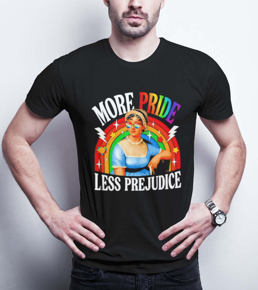 More Pride Less Prejudice LGBTQ Rainbow Heart Jane Austen Pride Month T-Shirt