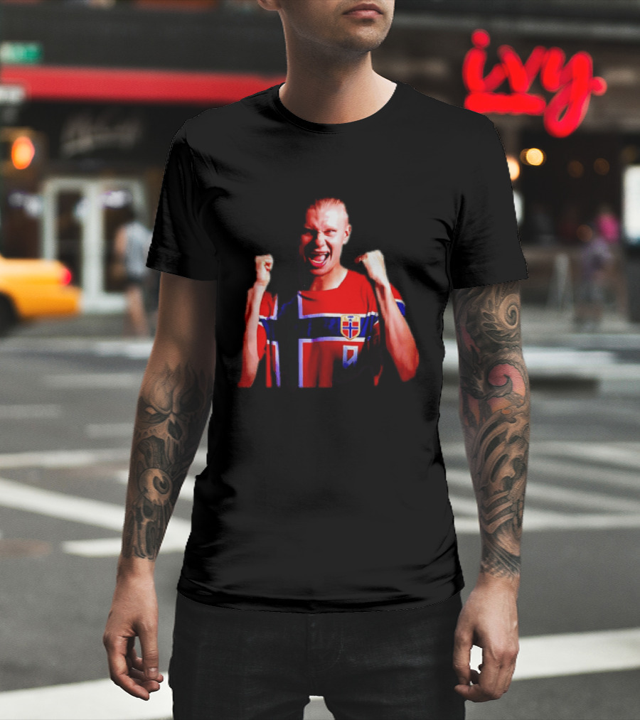 Erling Haaland Norway Football Team Norwegian Flag Iconic Striker Celebration T-Shirt