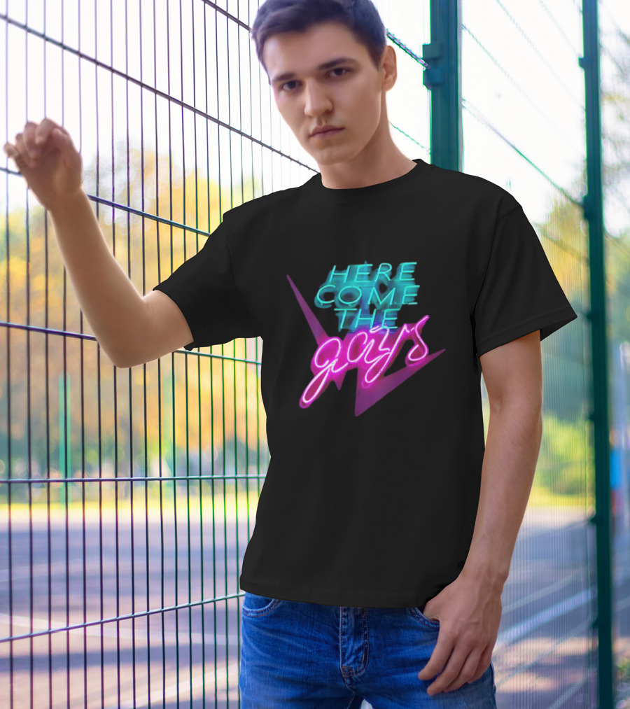 Here Come The Gays Neon Sign Vibrant LGBTQ+ Pride T-Shirt