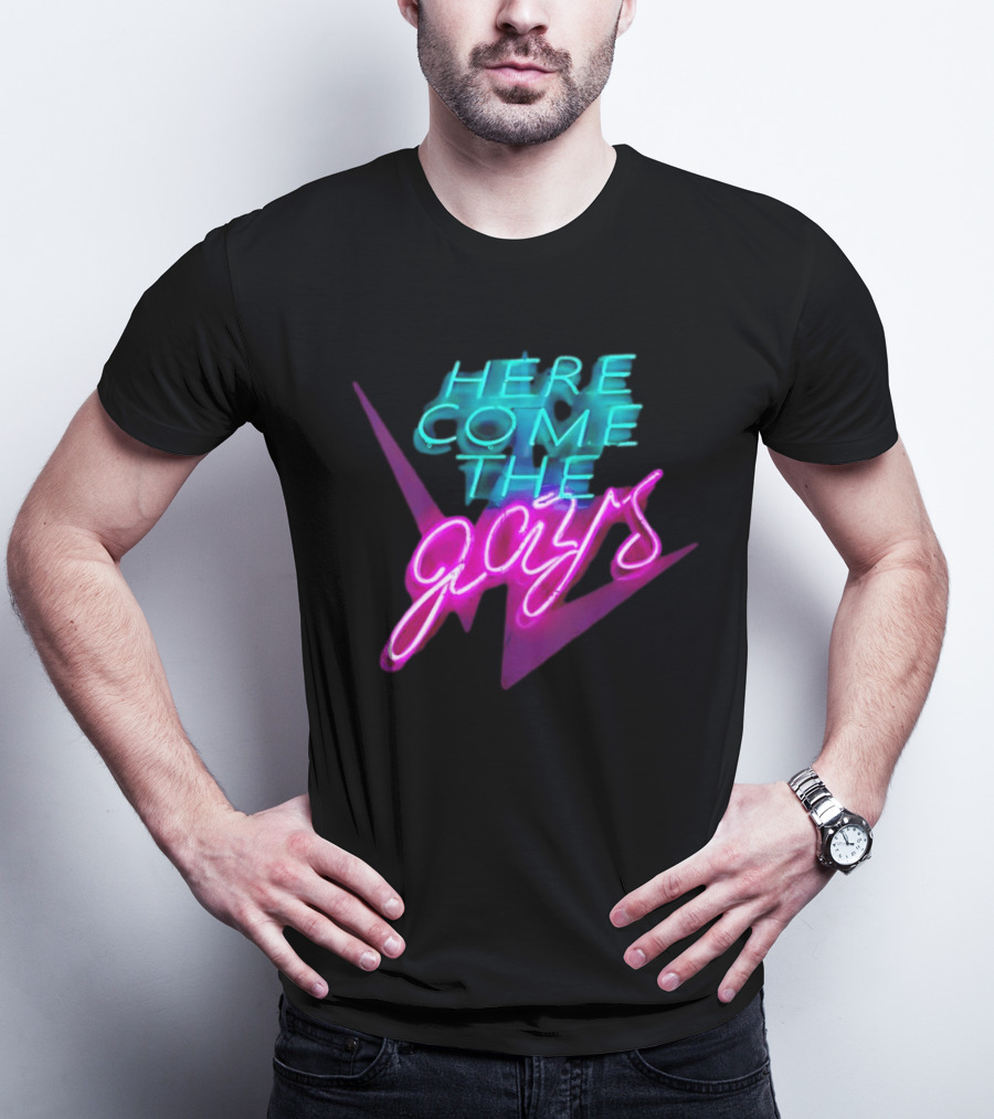 Here Come The Gays Neon Sign Vibrant LGBTQ+ Pride T-Shirt